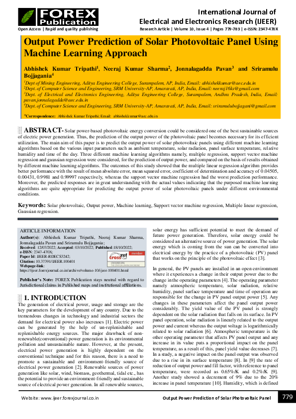 Output Power Prediction Of Solar Photovoltaic Panel Using Machine Learning Approach