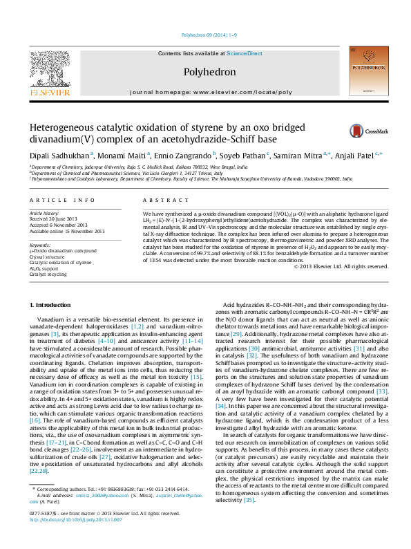 (PDF) Heterogeneous catalytic oxidation of styrene by an oxo bridged ...