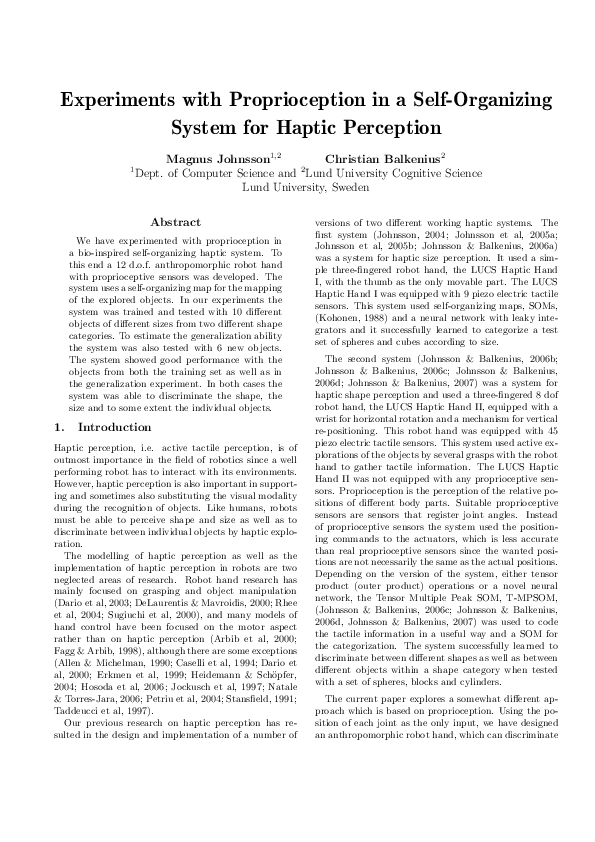 (PDF) Experiments with proprioception in a self-organizing system for ...