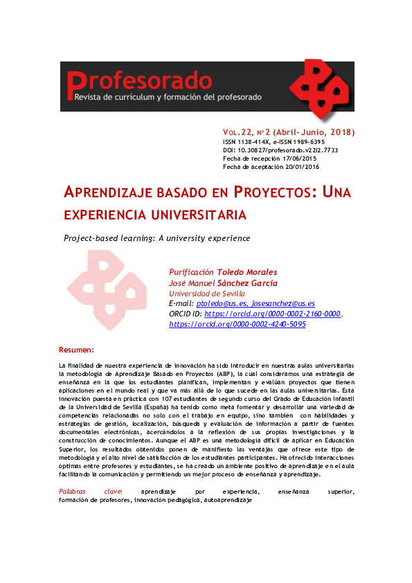 (PDF) Aprendizaje basado en Proyectos: Una experiencia universitaria