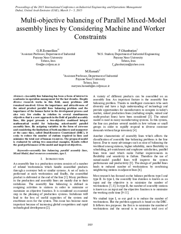 (PDF) Multi-objective balancing of Parallel Mixed-Model assembly lines by Considering Machine ...