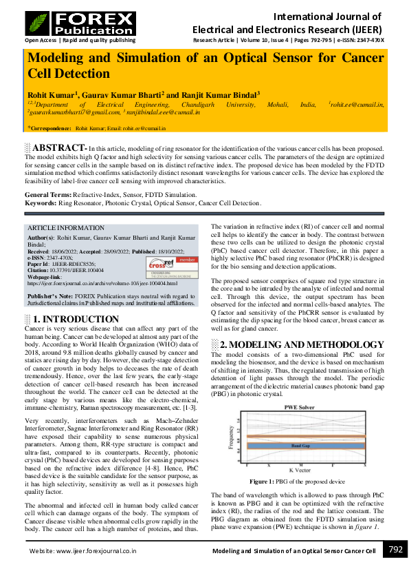 Pdf Modeling And Simulation Of An Optical Sensor For Cancer Cell