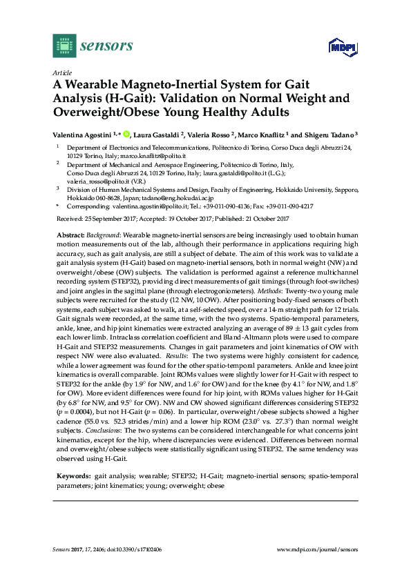 (PDF) A Wearable Magneto-Inertial System for Gait Analysis (H-Gait): Validation on Normal Weight ...