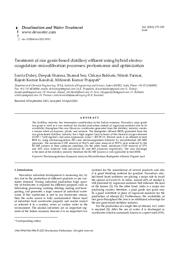 (PDF) Rice Distillery Effluent Treatment via EC-MF