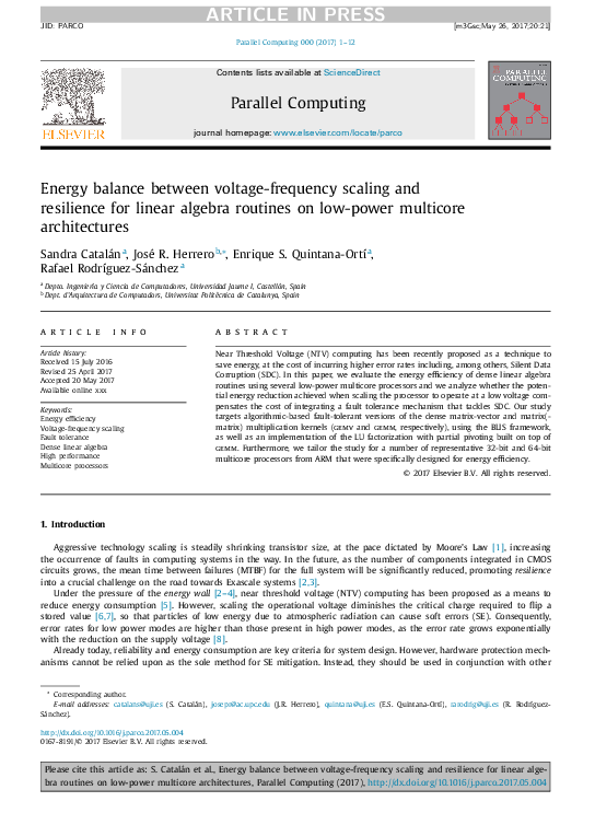 (PDF) Energy balance between voltage-frequency scaling and resilience for linear algebra ...