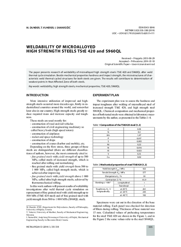 (PDF) Weldability of microalloyed high strength steels TStE 420 and S960QL