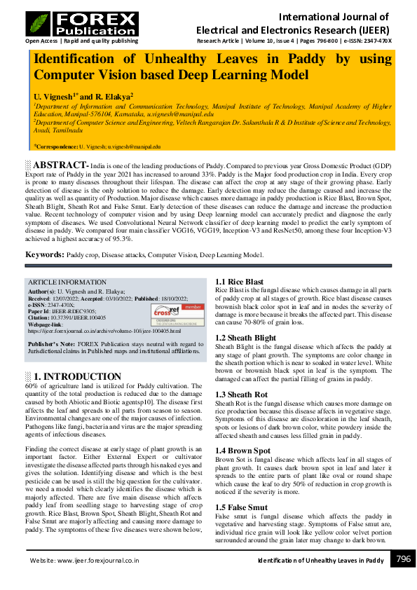 (PDF) Identification of Unhealthy Leaves in Paddy by using Computer Vision based Deep Learning Model