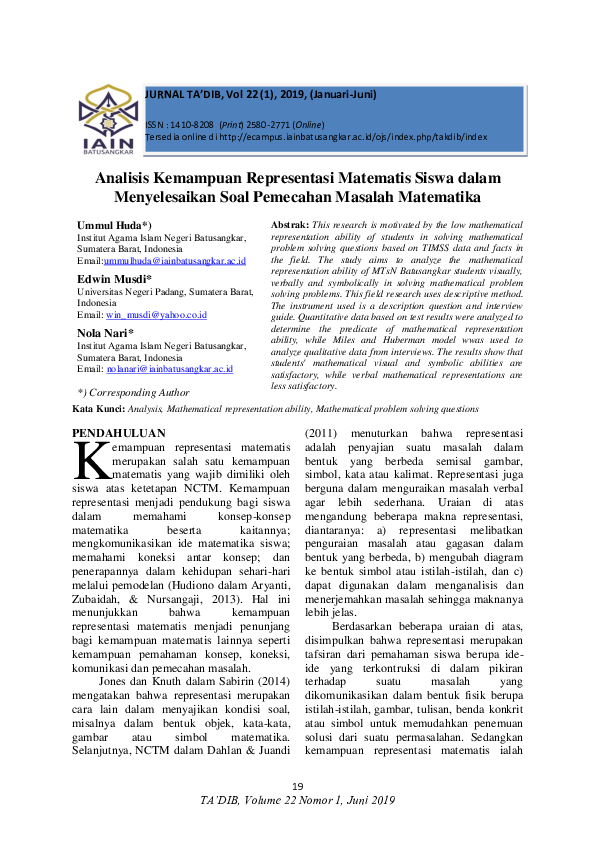 (PDF) Analisis Kemampuan Representasi Matematis Siswa Dalam Menyelesaikan Soal Pemecahan Masalah ...