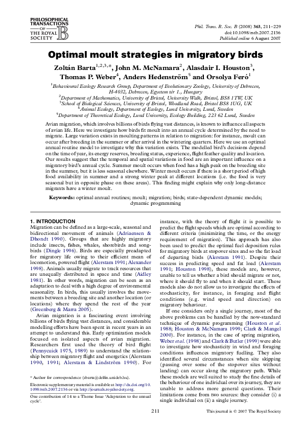 (PDF) Optimal moult strategies in migratory birds