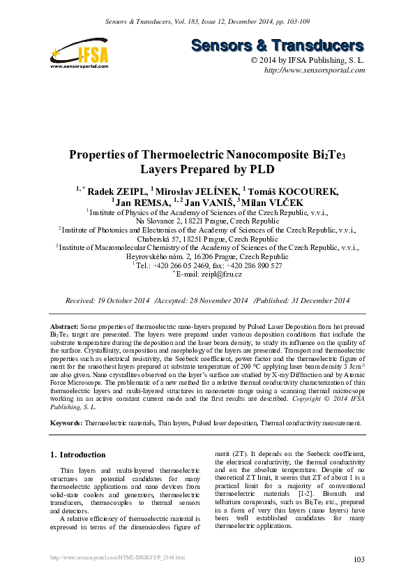 (PDF) Properties of Thermoelectric Nanocomposite Bi2Te3 Layers Prepared by PLD