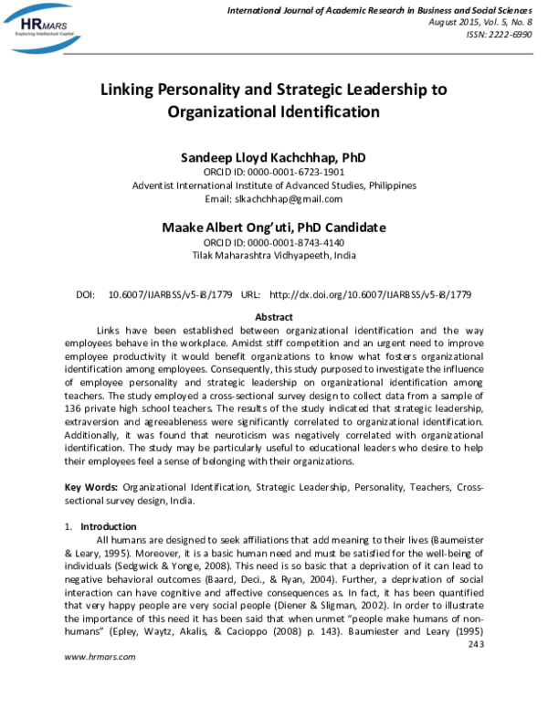 (PDF) Linking Personality and Strategic Leadership to Organizational Identification