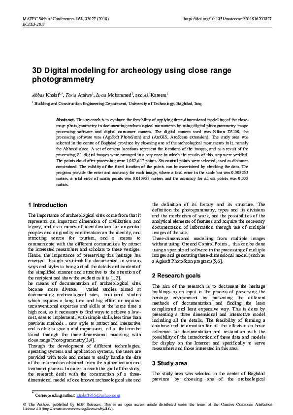 (PDF) 3D Digital modeling for archeology using close range photogrammetry