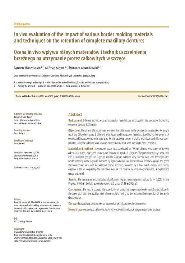 (PDF) In vivo evaluation of the impact of various border molding ...