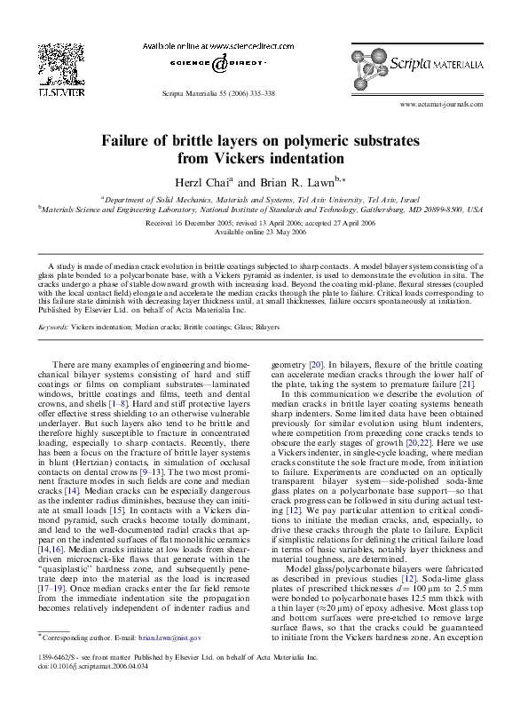 (PDF) Failure of brittle layers on polymeric substrates from Vickers ...