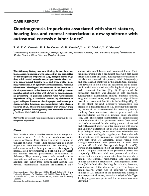 (PDF) Dentinogenesis imperfecta associated with short stature, hearing ...