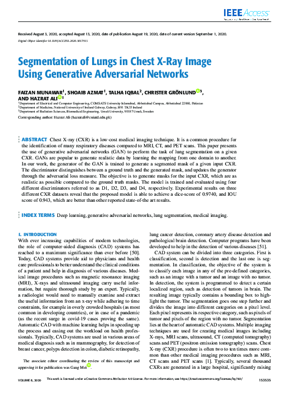 (PDF) Segmentation of Lungs in Chest X-Ray Image Using Generative Adversarial Networks | Talha ...