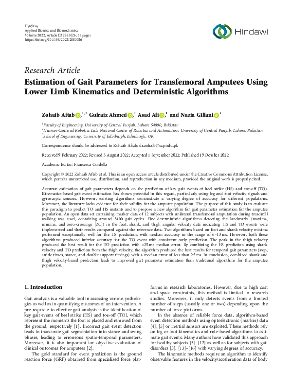 Pdf Estimation Of Gait Parameters For Transfemoral Amputees Using Lower Limb Kinematics And