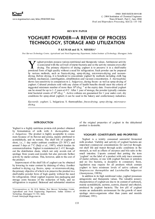 (PDF) Yoghurt Powder—A Review of Process Technology, Storage and ...