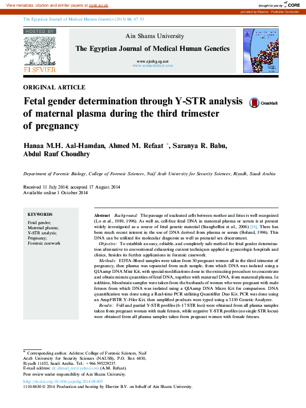(PDF) Fetal gender determination through Y-STR analysis of maternal ...