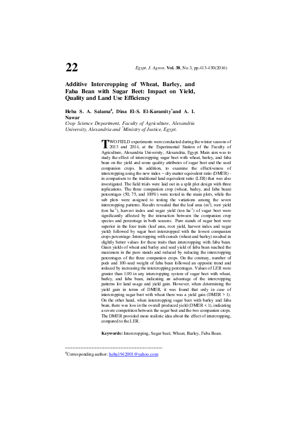 (PDF) Additive intercropping of wheat, barley, and faba bean with sugar beet: Impact on yield ...