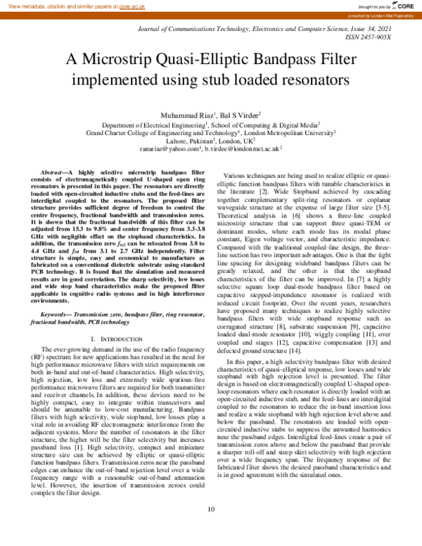 (PDF) A microstrip quasi-elliptic bandpass filter implemented using stub loaded resonators | Bal ...