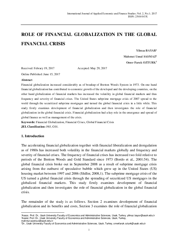 (PDF) ROLE OF FINANCIAL GLOBALIZATION IN THE GLOBAL FINANCIAL CRISIS ...