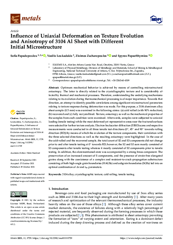 (PDF) Influence of Uniaxial Deformation on Texture Evolution and Anisotropy of 3104 Al Sheet ...