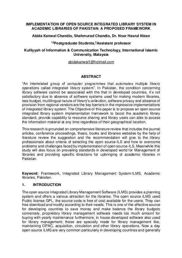 (PDF) Implementation of Open Source Integrated Library System in Academic Libraries of Pakistan ...