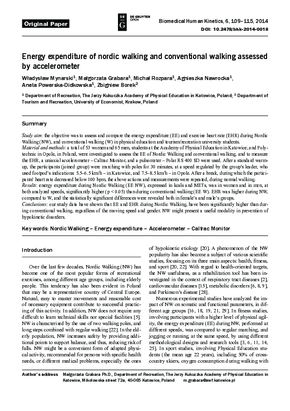 (PDF) Energy expenditure of nordic walking and conventional walking assessed by accelerometer