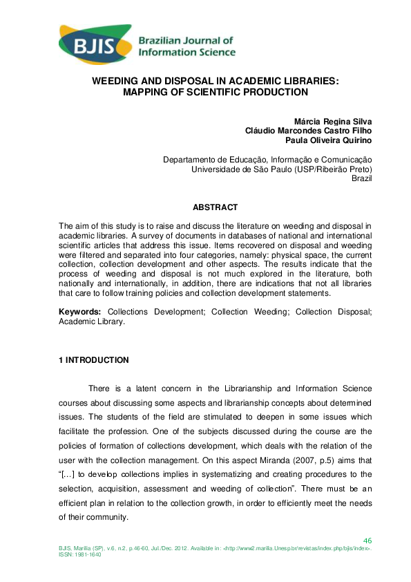 (PDF) Weeding and Disposal in Academic Libraries: Mapping of Scientific ...