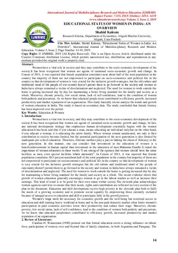(PDF) Educational Status of Women in India: An Overview