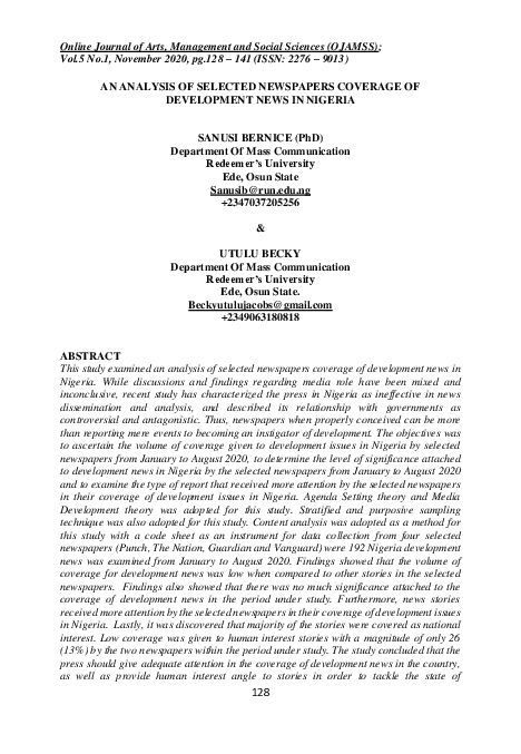 (PDF) An Analysis of Selected Newspapers Coverage of Development News ...