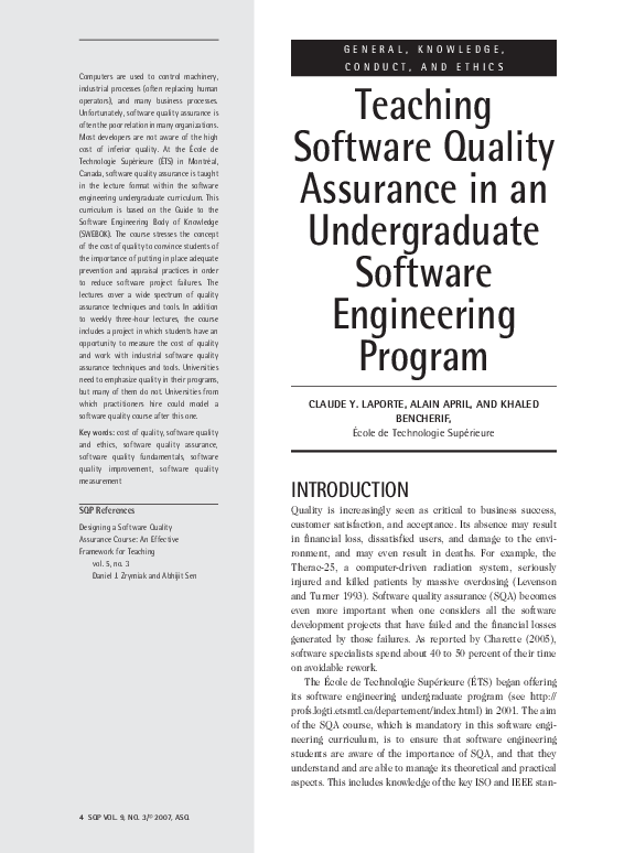 (PDF) Software Quality Assurance in an Undergraduate Software Engineering Program | Khaled ...