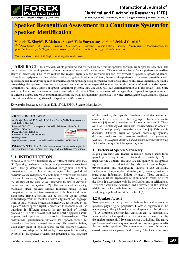 (PDF) Speaker Recognition Assessment in a Continuous System for Speaker Identification
