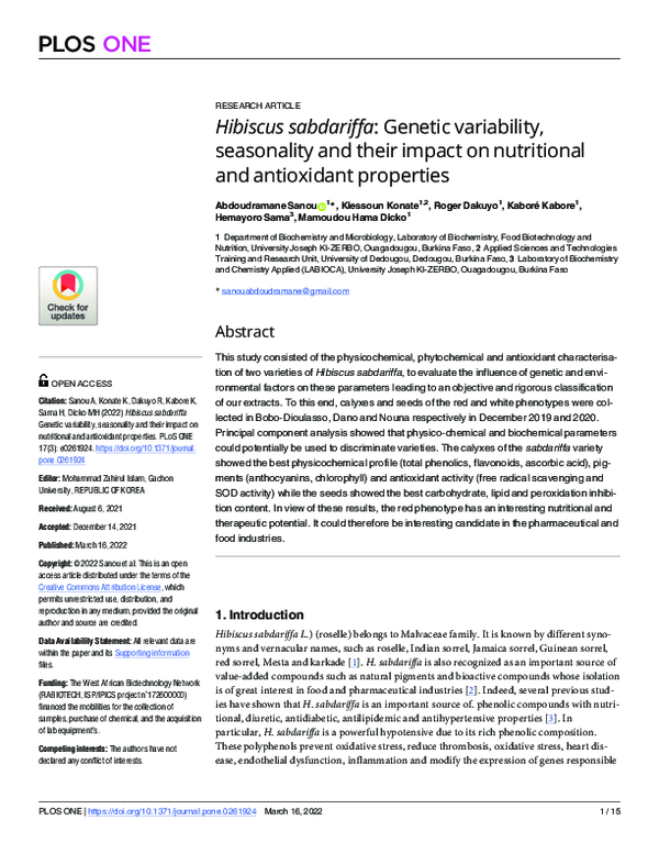 (PDF) Hibiscus sabdariffa: Genetic variability, seasonality and their impact on nutritional and ...