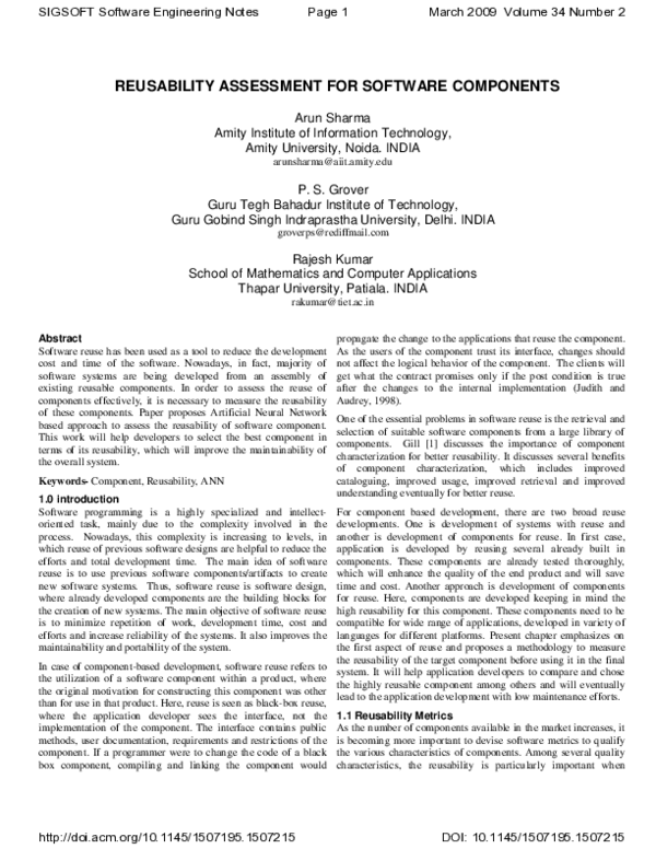Pdf Reusability Assessment For Software Components