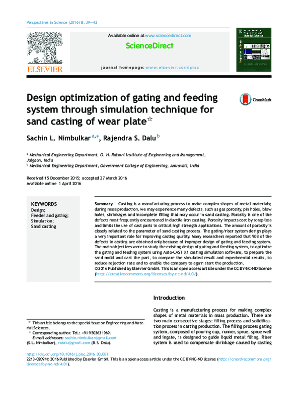 Pdf Design Optimization Of Gating And Feeding System Through Simulation Technique For Sand