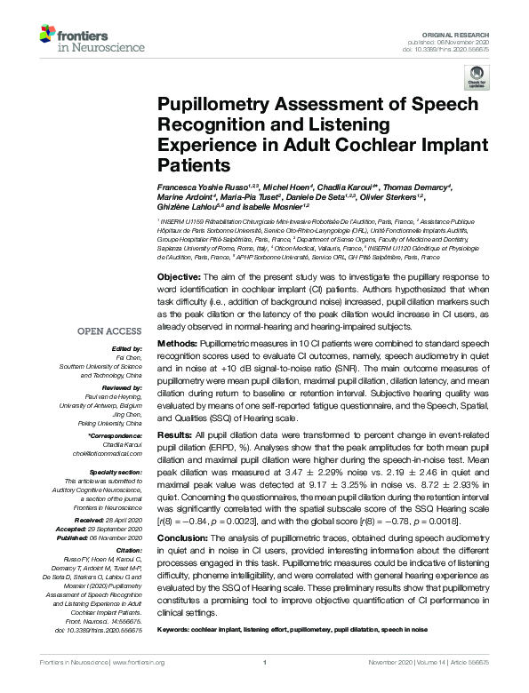 (PDF) Pupillometry Assessment of Speech Recognition and Listening ...