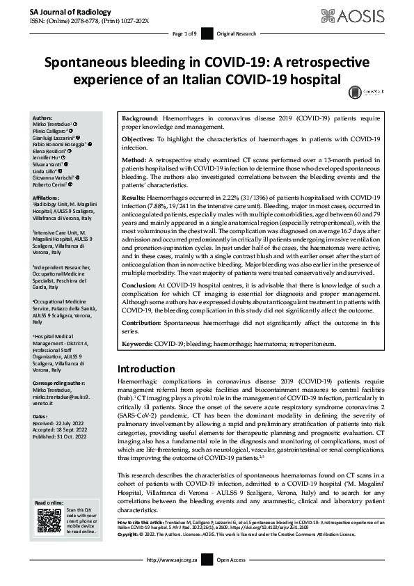(PDF) Spontaneous bleeding in COVID-19: A retrospective experience of ...