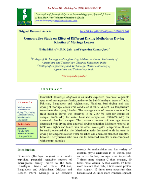 (PDF) Comparative Study on Effect of Different Drying Methods on Drying Kinetics of Moringa Leaves