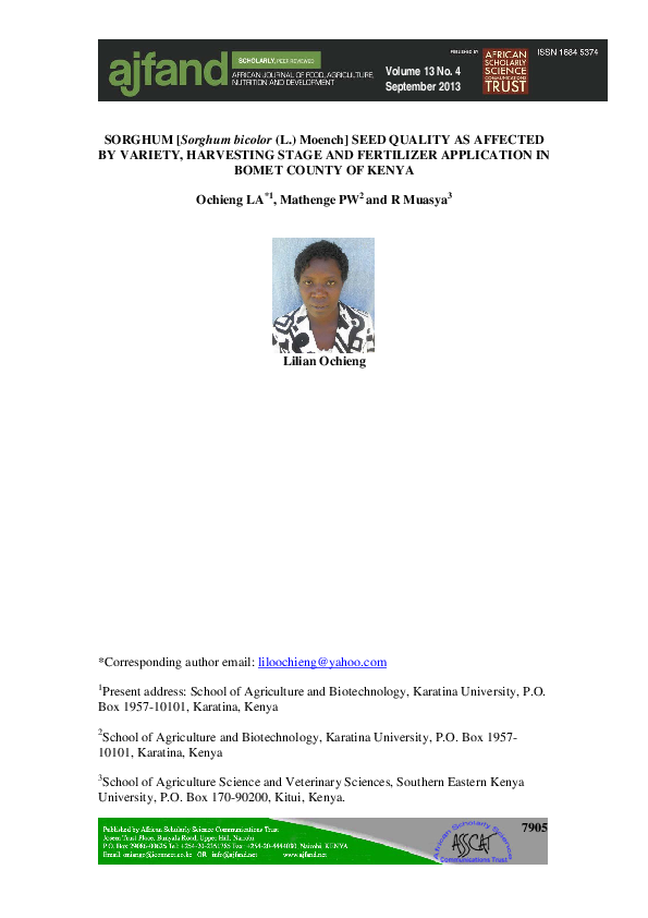 (PDF) Sorghum [Sorghum bicolor (L.) Moench] seed quality as affected by ...