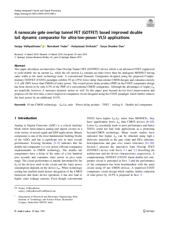 Pdf A Nanoscale Gate Overlap Tunnel Fet Gotfet Based Improved Double Tail Dynamic Comparator