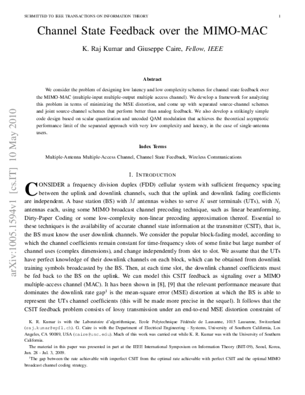 (PDF) Channel State Feedback Over the MIMO-MAC