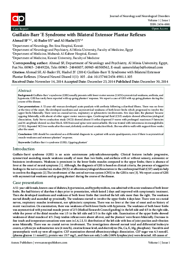 (PDF) Guillain-Barr´E Syndrome with Bilateral Extensor Plantar Reflexes