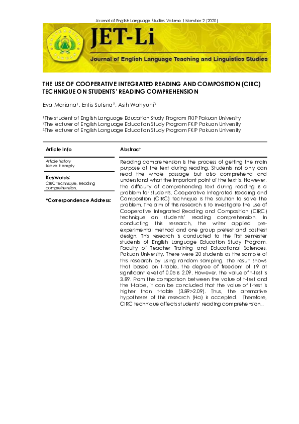 (PDF) The Use of Cooperative Integrated Reading and Composition (Circ ...