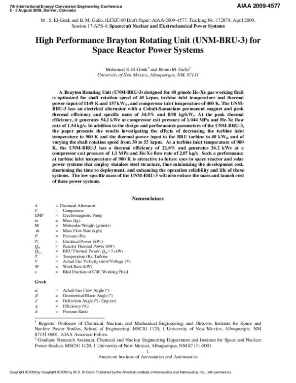 (PDF) High Performance Brayton Rotating Unit (UNM-BRU-3) for Space ...