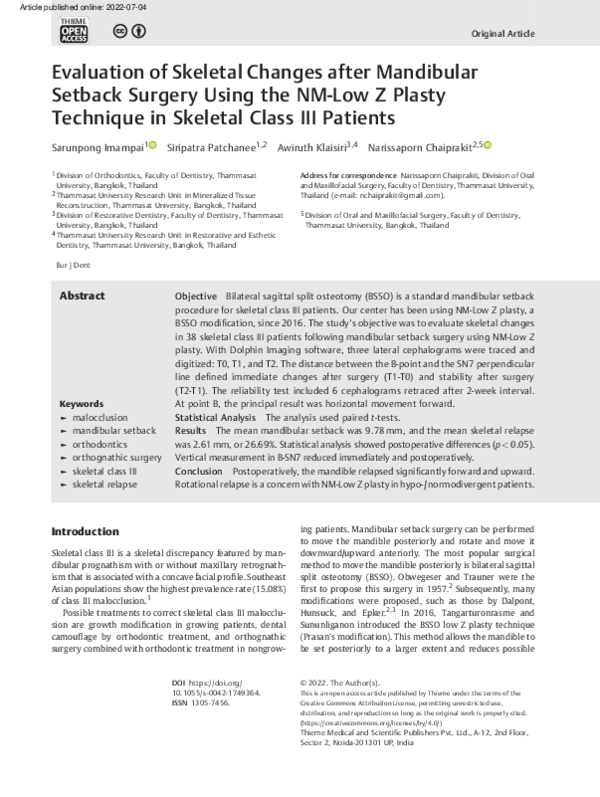 (PDF) Evaluation of Skeletal Changes after Mandibular Setback Surgery Using the NM-Low Z Plasty ...
