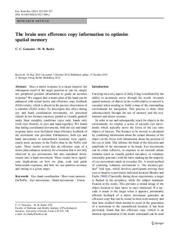 (PDF) The brain uses efference copy information to optimise spatial memory