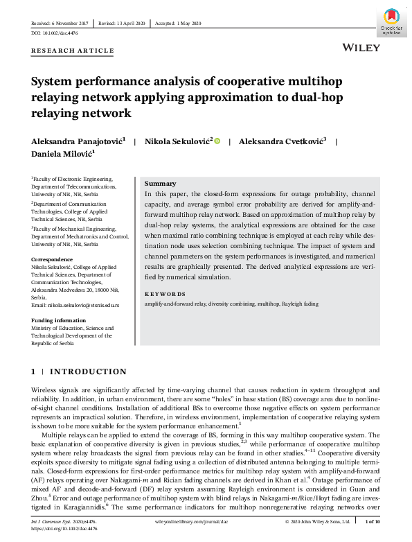 (PDF) System performance analysis of cooperative multihop relaying network applying ...