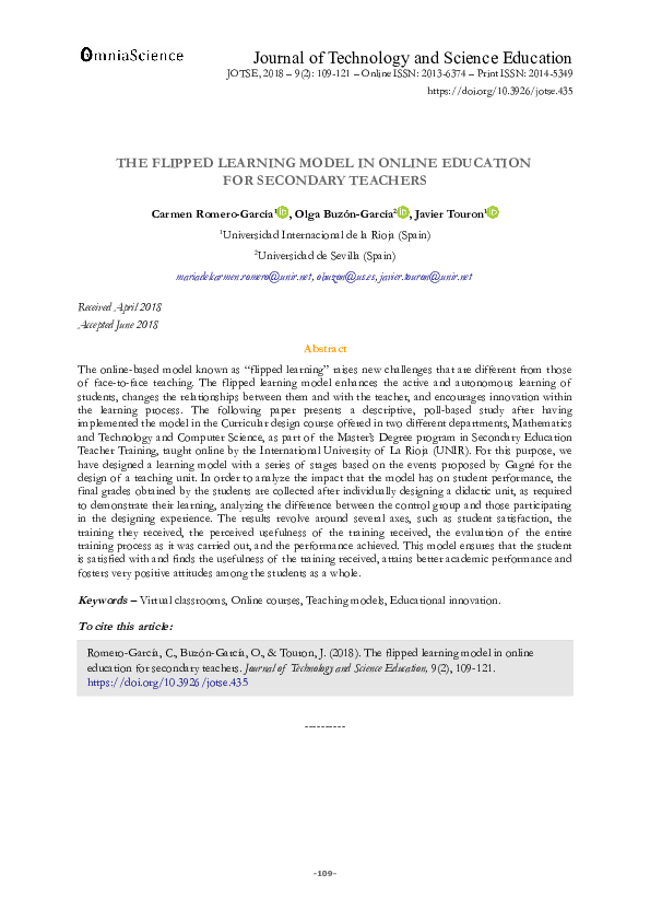 (PDF) The flipped learning model in online based education for secondary teachers